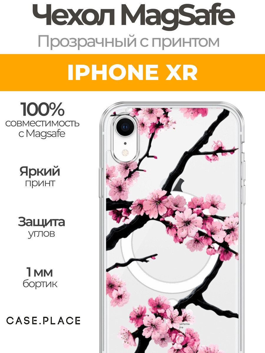 Чехол на Айфон XR (Apple iPhone XR) MagSafe с магнитом и принтом "Ветви сакуры с розовыми цветами"