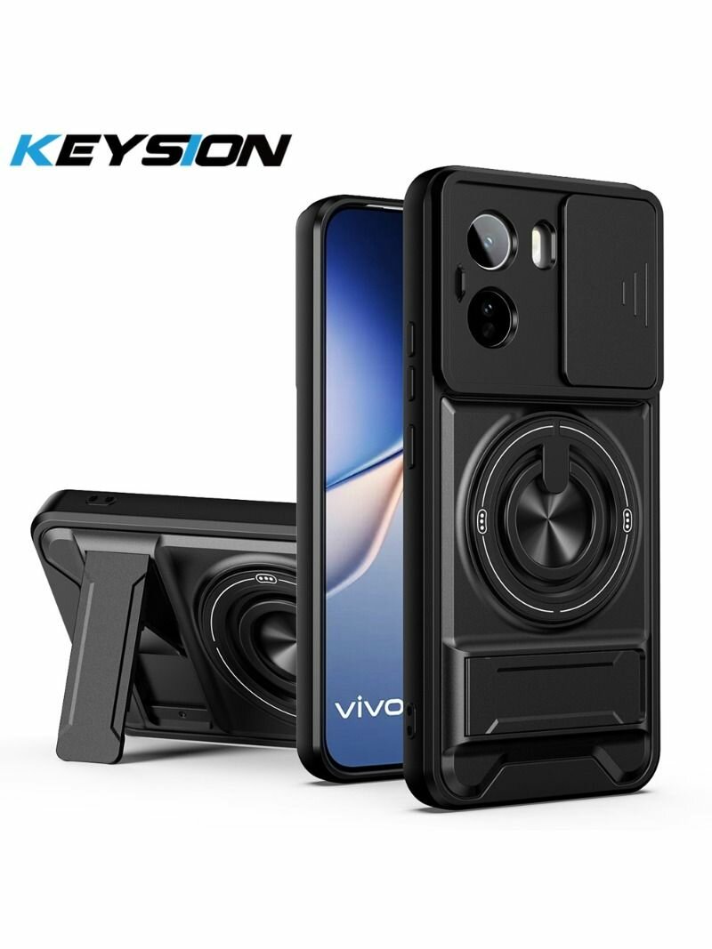 Магнитный чехол KEYSION для телефона IQOO Z11 5G с выдвижной камерой, вертикальной подставкой и кольцом, противоударный задний чехол для IQOO Z11. кейс с подставкой и кольцом ударопрочный магнитный кейс