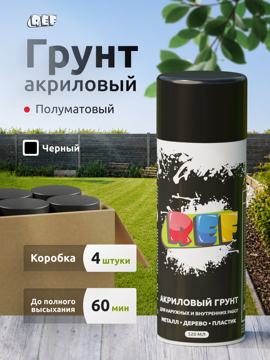 Грунтовка автомобильная черная (Коробка 4 шт/ по 520 мл) универсальная быстросохнущая, аэрозоль REF