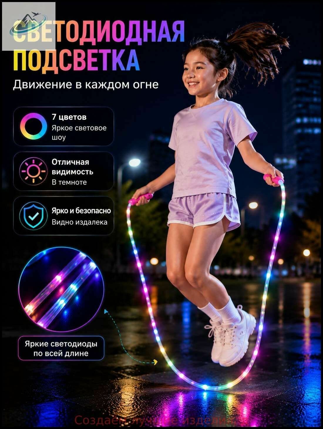 Светящаяся скакалка с LED-подсветкой, 3 режима мигания, длина 260 см, розовая