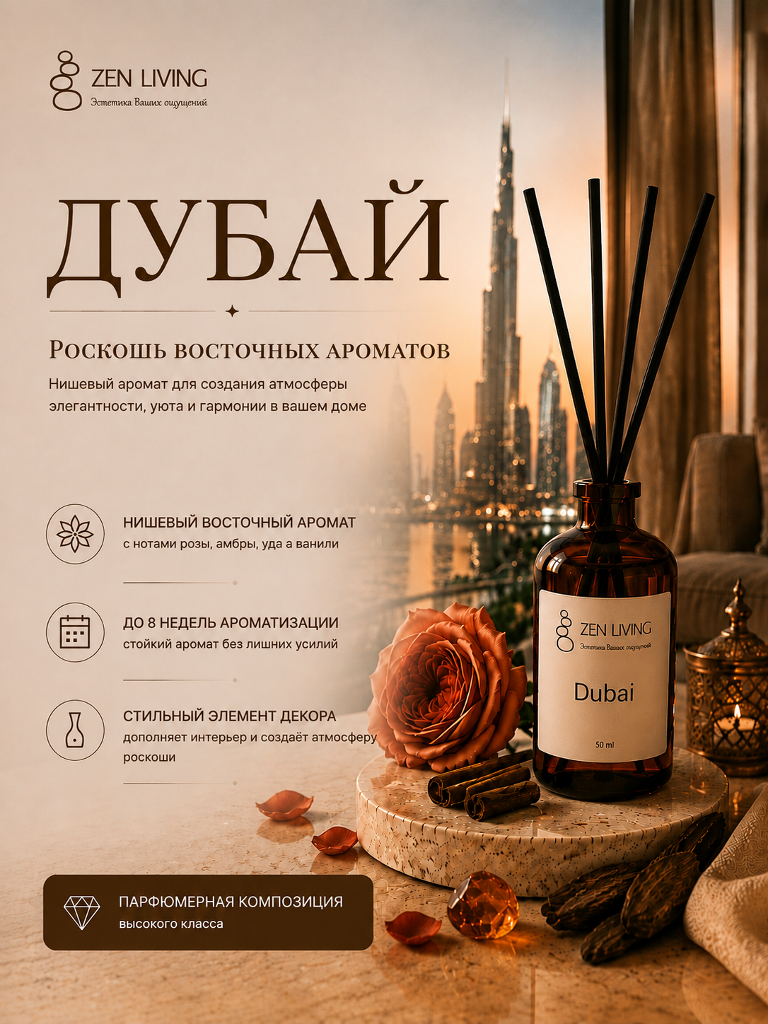 Ароматический диффузор для дома ZEN LIVING DUBAI (Дубай) 50 мл — восточный аромат роскоши и гармонии