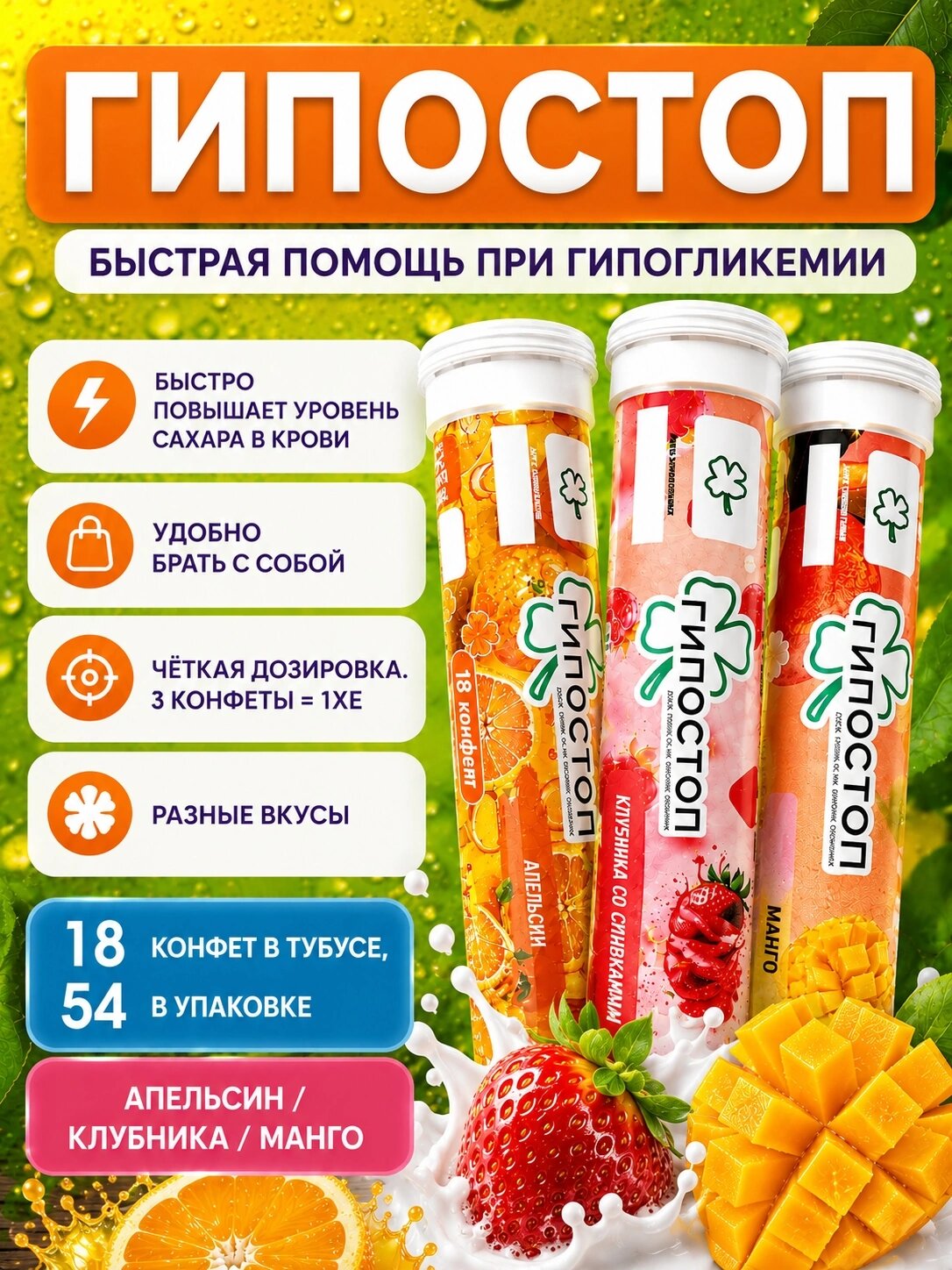 Гипостоп конфеты с декстрозой для купирования гипогликемии, 54 шт. /3 тубуса (апельсин/клубника/манго)