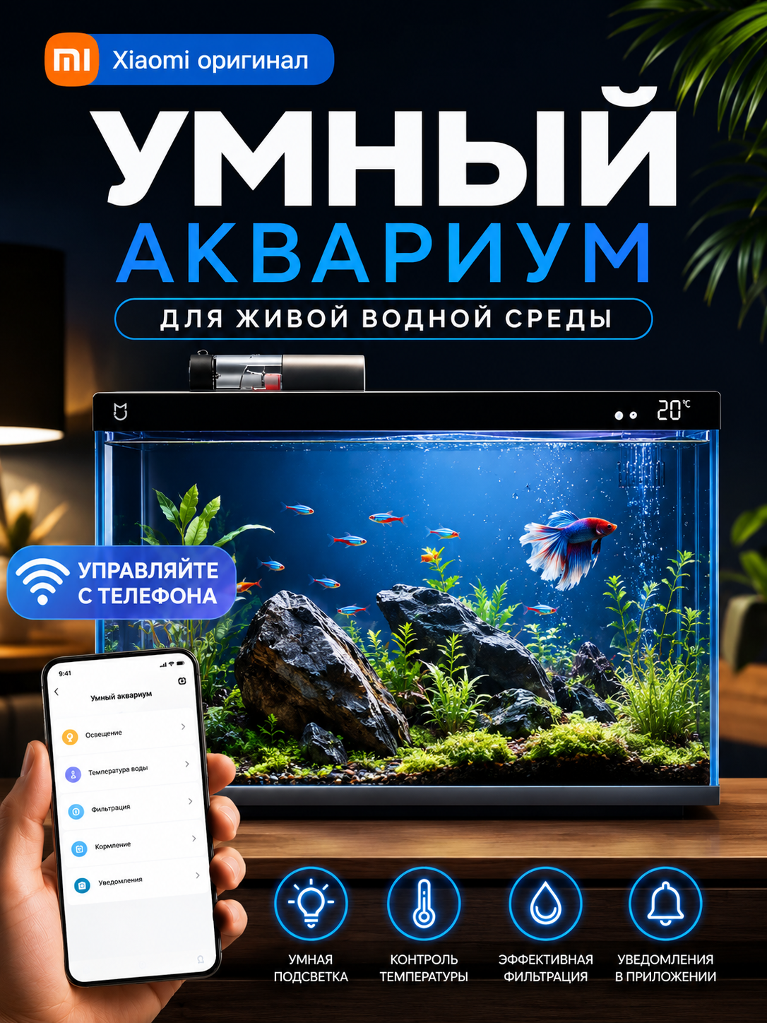 Умный аквариум Xiaomi Mi Home Smart, с подсветкой, фильтром и автокормушкой, 20л, тёмно-серый