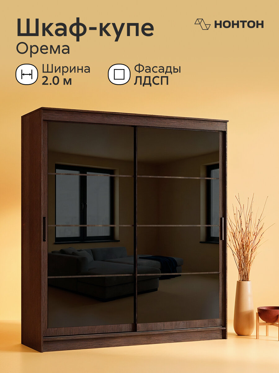 Шкаф-купе 2х-створчатый Орема, Ш:200 * Г:61.5 * В:220, ( венге / лакобель черная)
