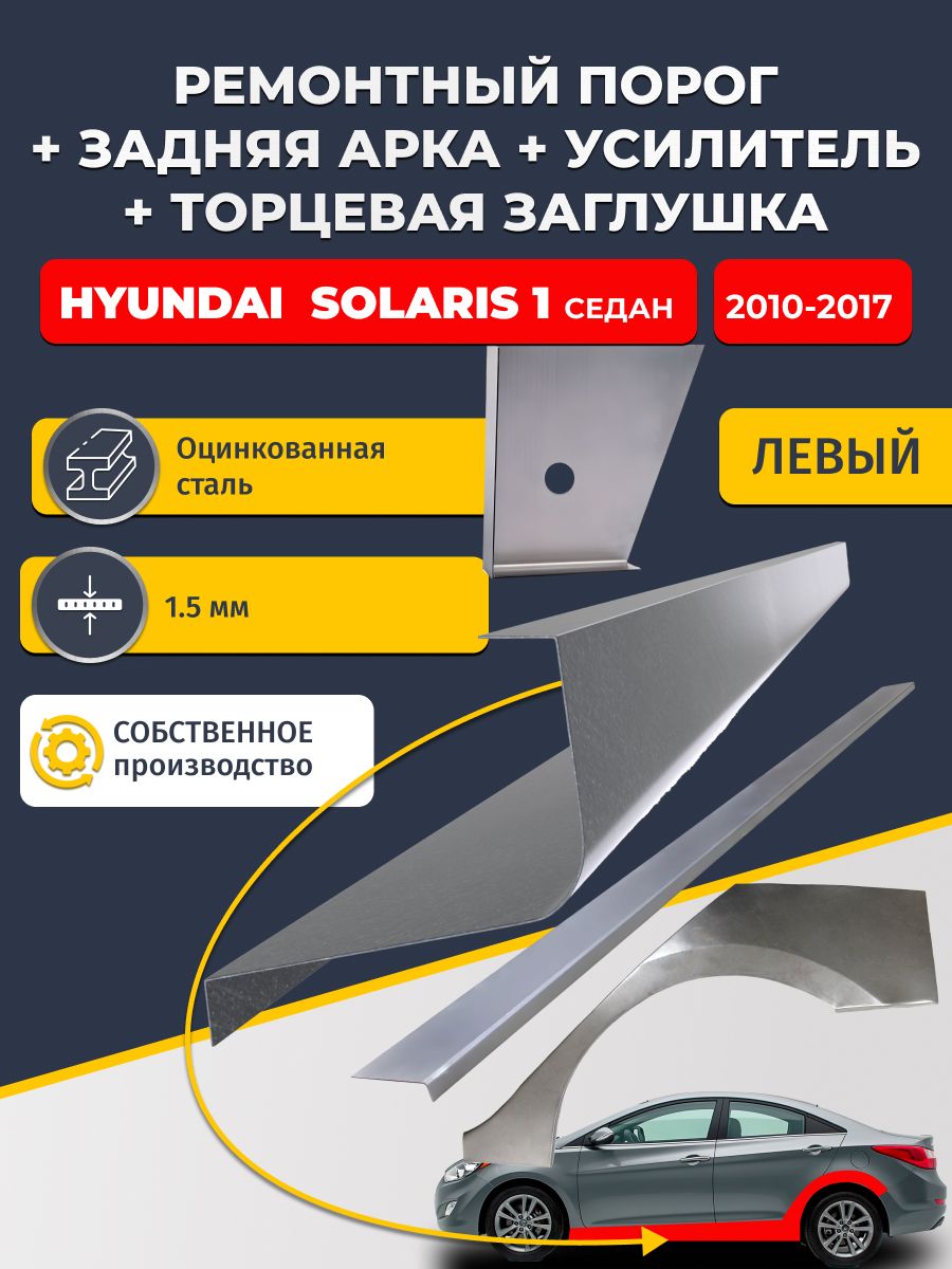 Левая ремонтная задняя арка (0,8 мм) и левый стандартный ремонтный порог + торцевая заглушка + усилитель, на Hyundai Solaris 1 2010-2017 седан (Хендай Солярис 1). Оцинкованная сталь 1,5 мм