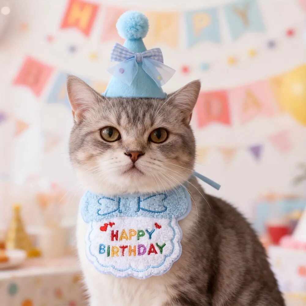 Набор для дня рождения питомца: колпак и слюнявчик "Happy Birthday", для кошек и собак