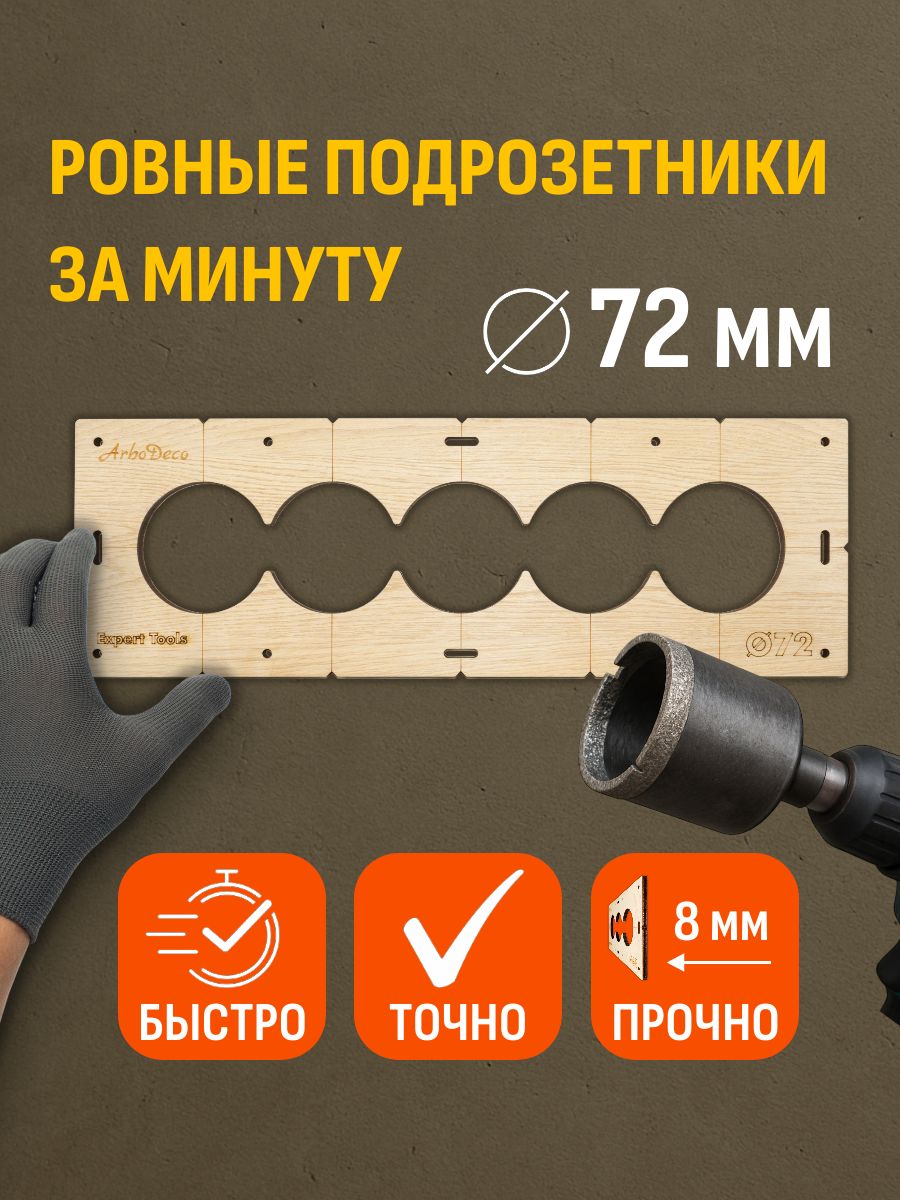 Шаблон для подрозетников 72 мм, на 5 отверстий, кондуктор для сверления, толщина 8мм, ArboDeco