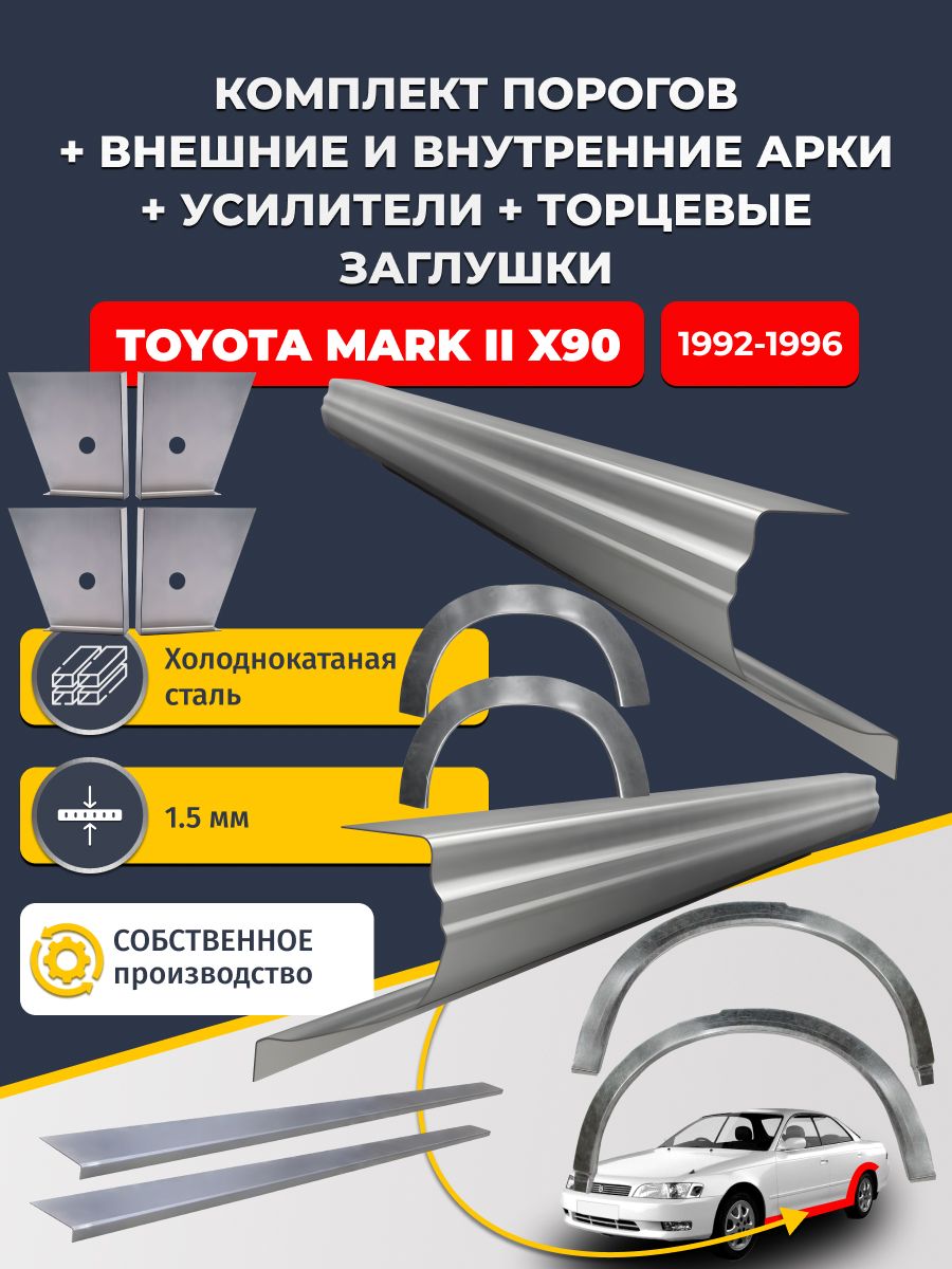 Комплект ремонтных задних внешних и внутренних арок (0,8 мм) + комплект порогов + 4 торцевые заглушки + усилители, на Toyota Mark 2 X90 1992-1996 седан (Mark 2) Холоднокатаная сталь 1.5 мм
