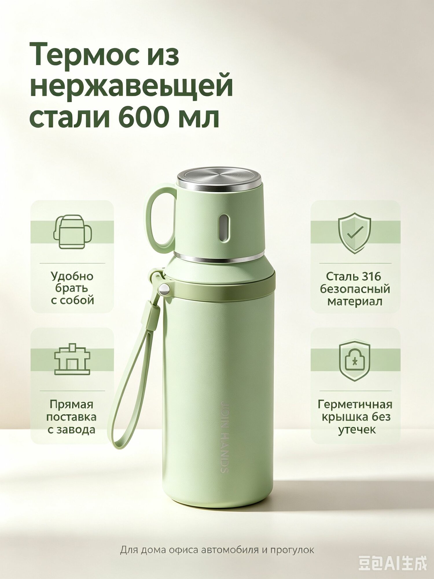Термос термокружка 600 мл из стали 316 герметичная крышка с ремешком для дома авто офиса прогулок