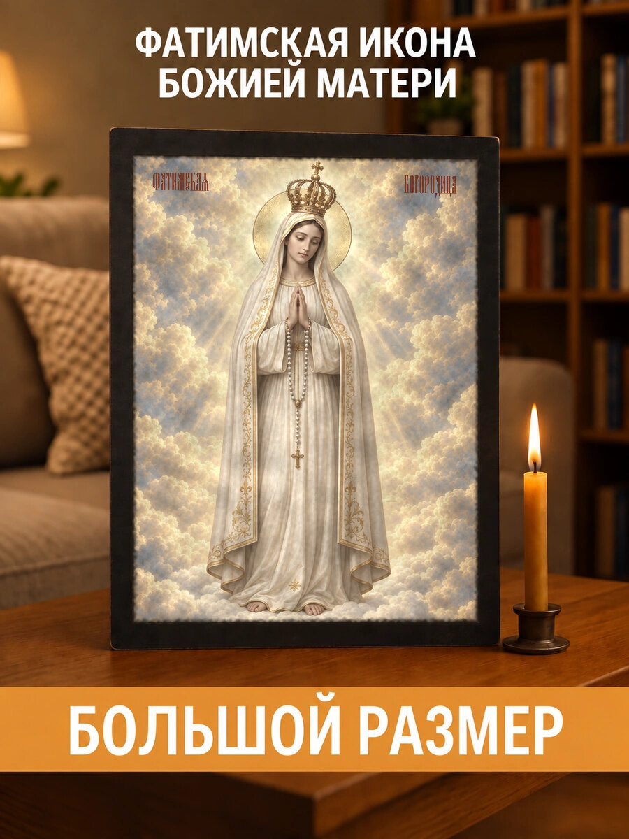 Икона «Фатимская икона Божией Матери» на натуральном дереве, 30×40 см, храмовая живопись, потёртое золото