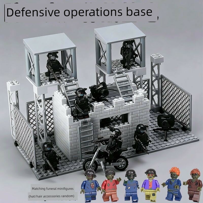 LEGO Военная база SS-F DIY сборка - 6 спецназовцев против 6 зомби с 2 пулеметами и мотоциклом
