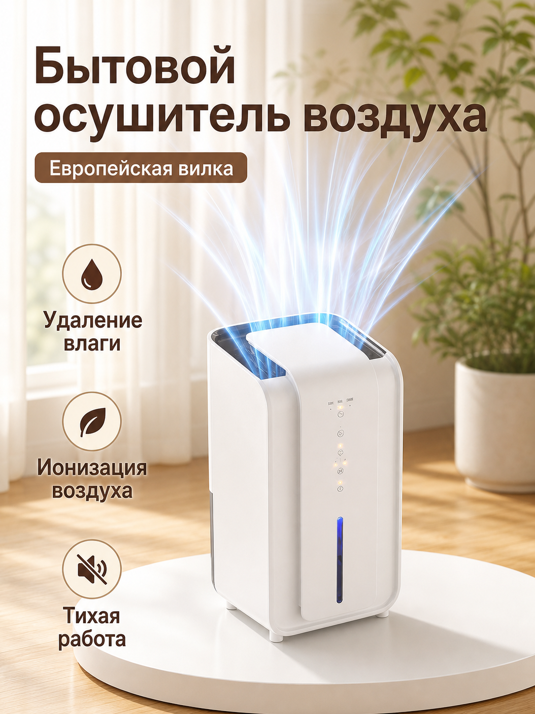 Осушитель воздуха домашний 1,5л, тихий поглотитель влаги с ионизатором, таймер для спальни