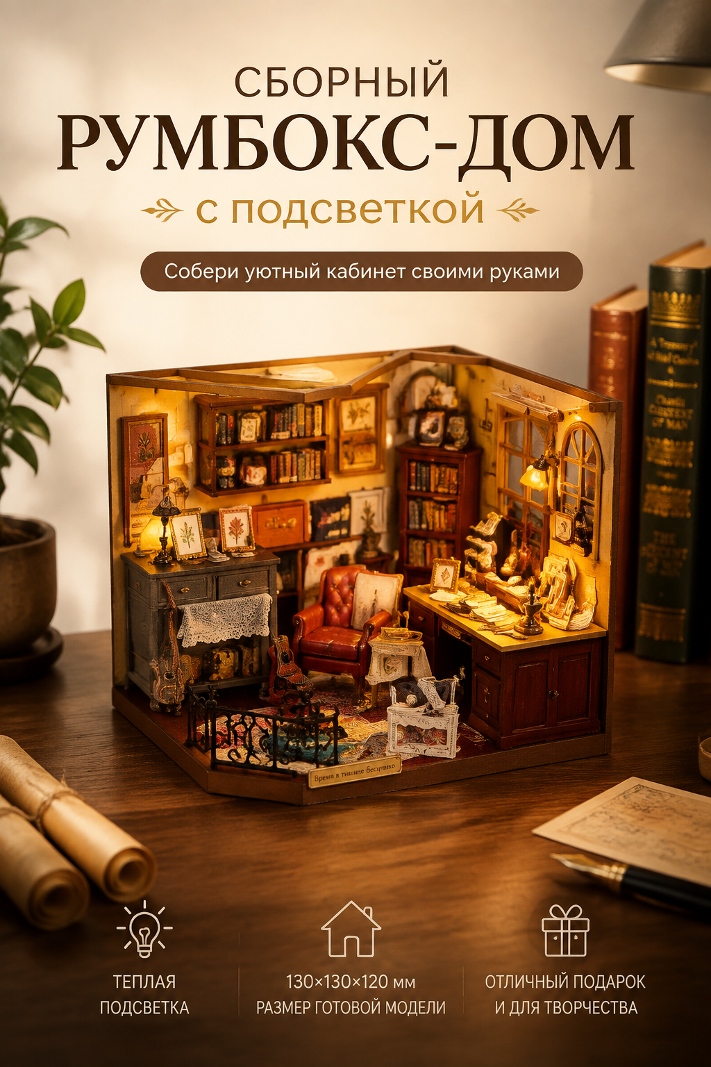 Сборный румбокс-дом с подсветкой, коричневый, 130×130×120 мм