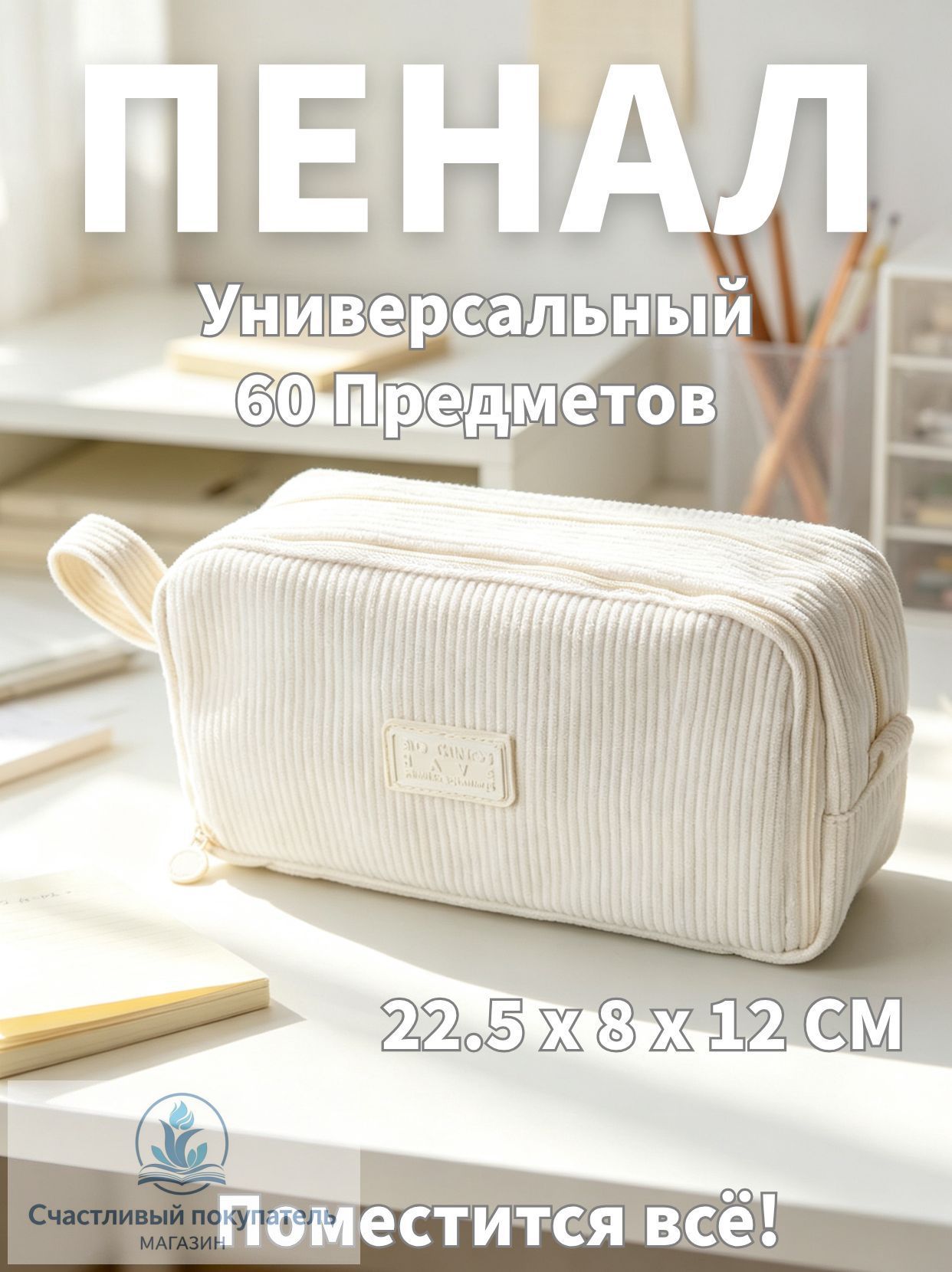 Пенал большая вместимость, двухслойное хранение, Вельветовый материал, бежевый