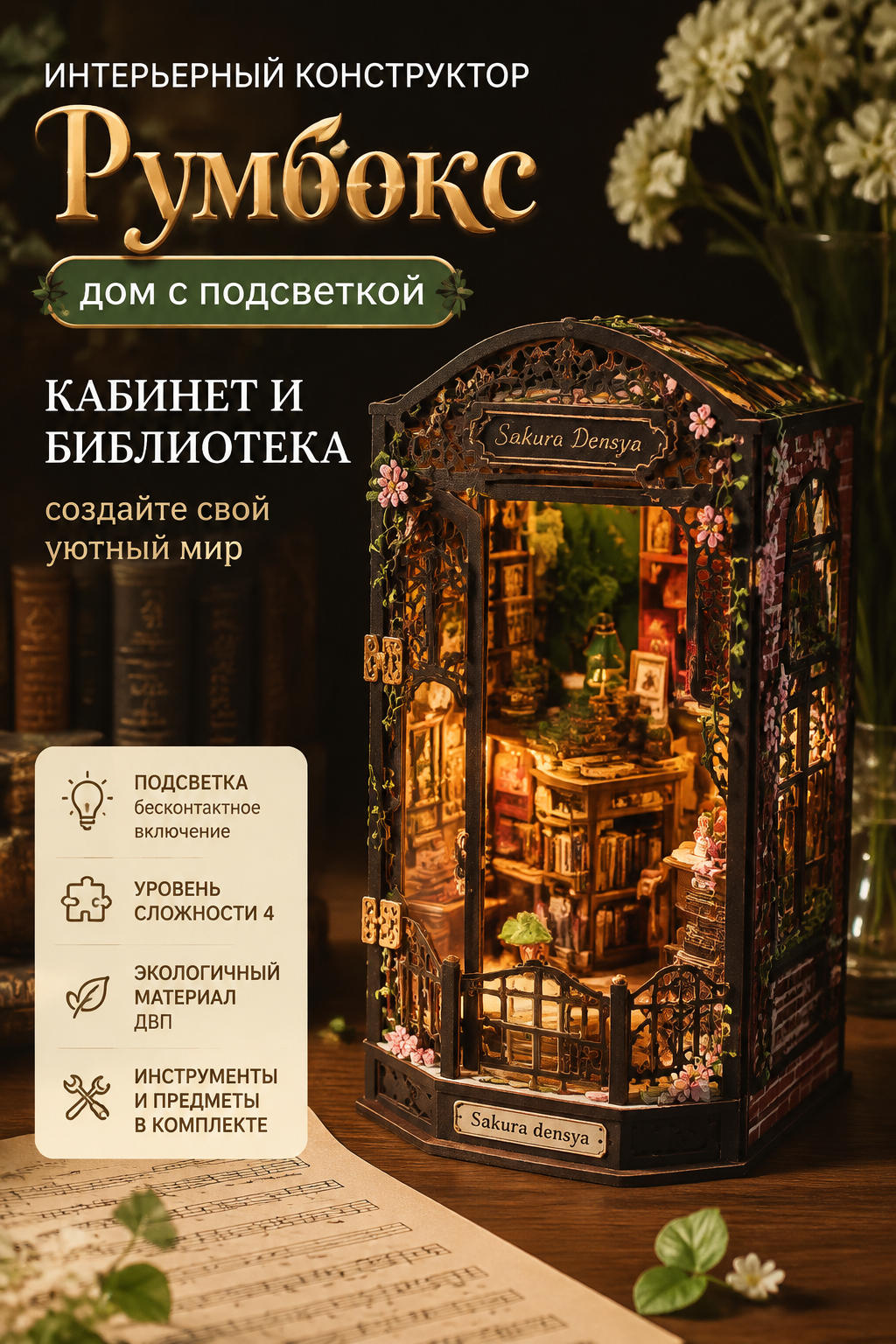 Интерьерный конструктор дом с подсветкой, кабинет и библиотека, ДВП, уровень 4