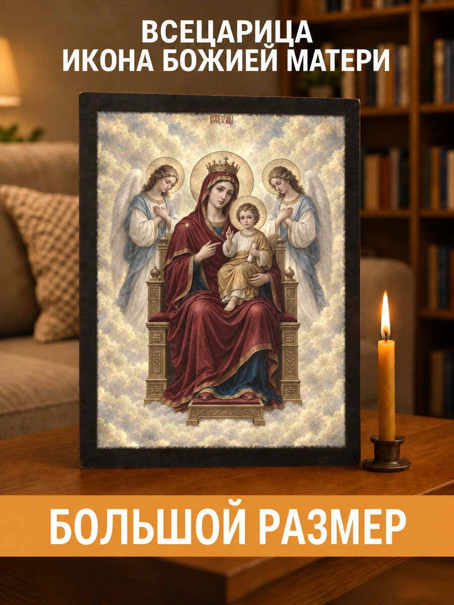 Икона «Всецарица икона Божией Матери» на натуральном дереве, 30×40 см, храмовая живопись, потёртое золото