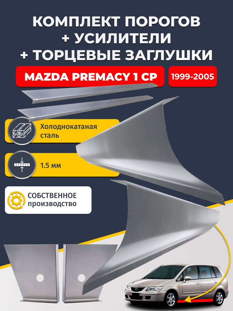 Комплект стандартных ремонтных порогов + усилители + торцевые заглушки на Mazda Premacy 1 CP 1999-2005 (Мазда Премаси), холоднокатаная сталь 1,5 мм.