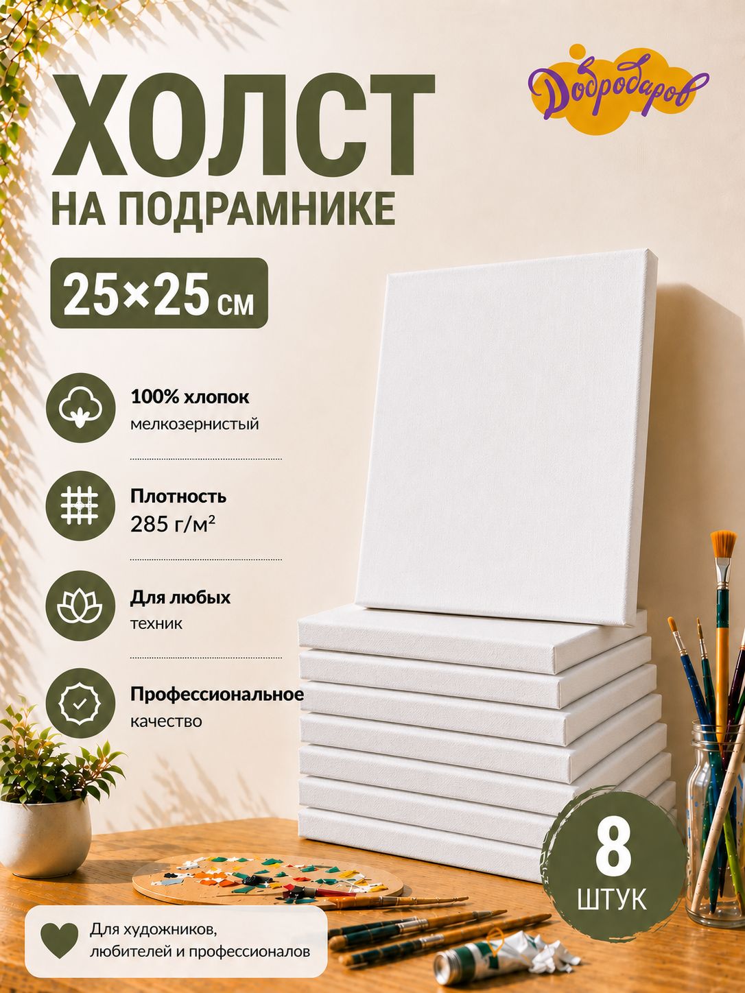 Холст грунтованный на подрамнике 25х25см "Комплект 8шт", 285 г/м2, холст для рисования