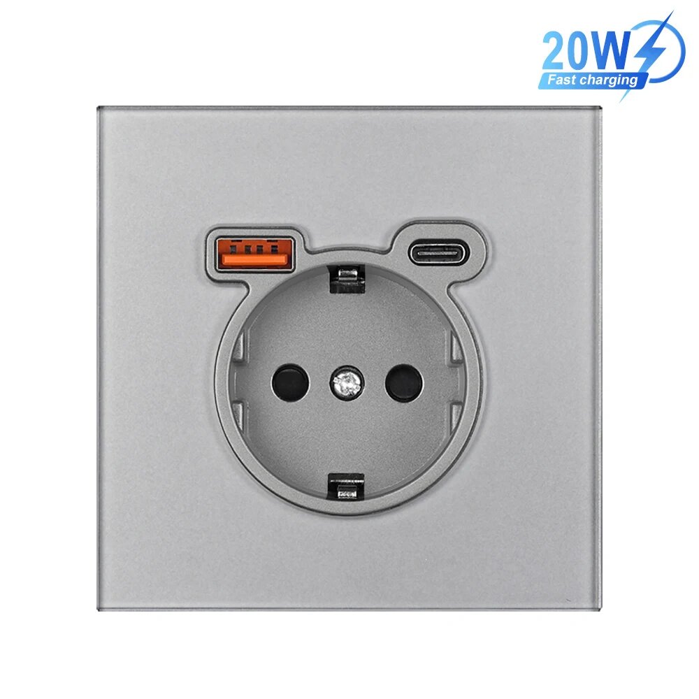 Розетка SRAN сенсорная стеклянная с USB и Type-C 16А Grey USB type-c 20W