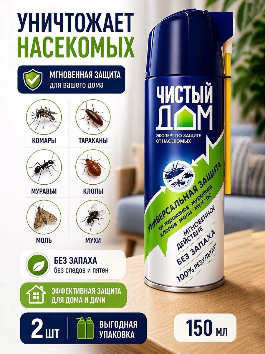 Аэрозоль от насекомых Чистый дом, Уничтожает комаров, тараканов, муравьев, клопов, моли, мух. 150 мл. Набор из 2 шт.