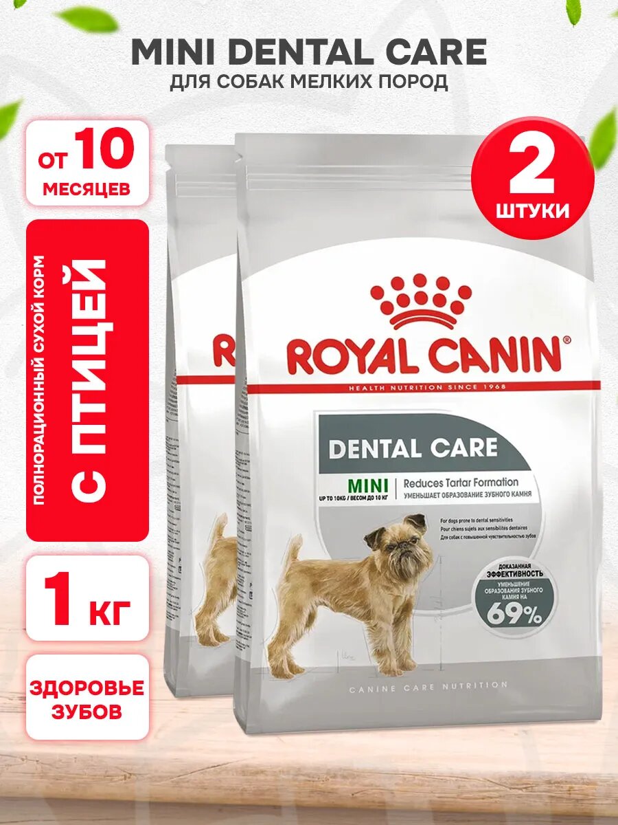Корм сухой Royal Canin Mini Dental Care для взрослых собак маленьких пород от заболеваний зубов и десен, 1 кг x 2 шт