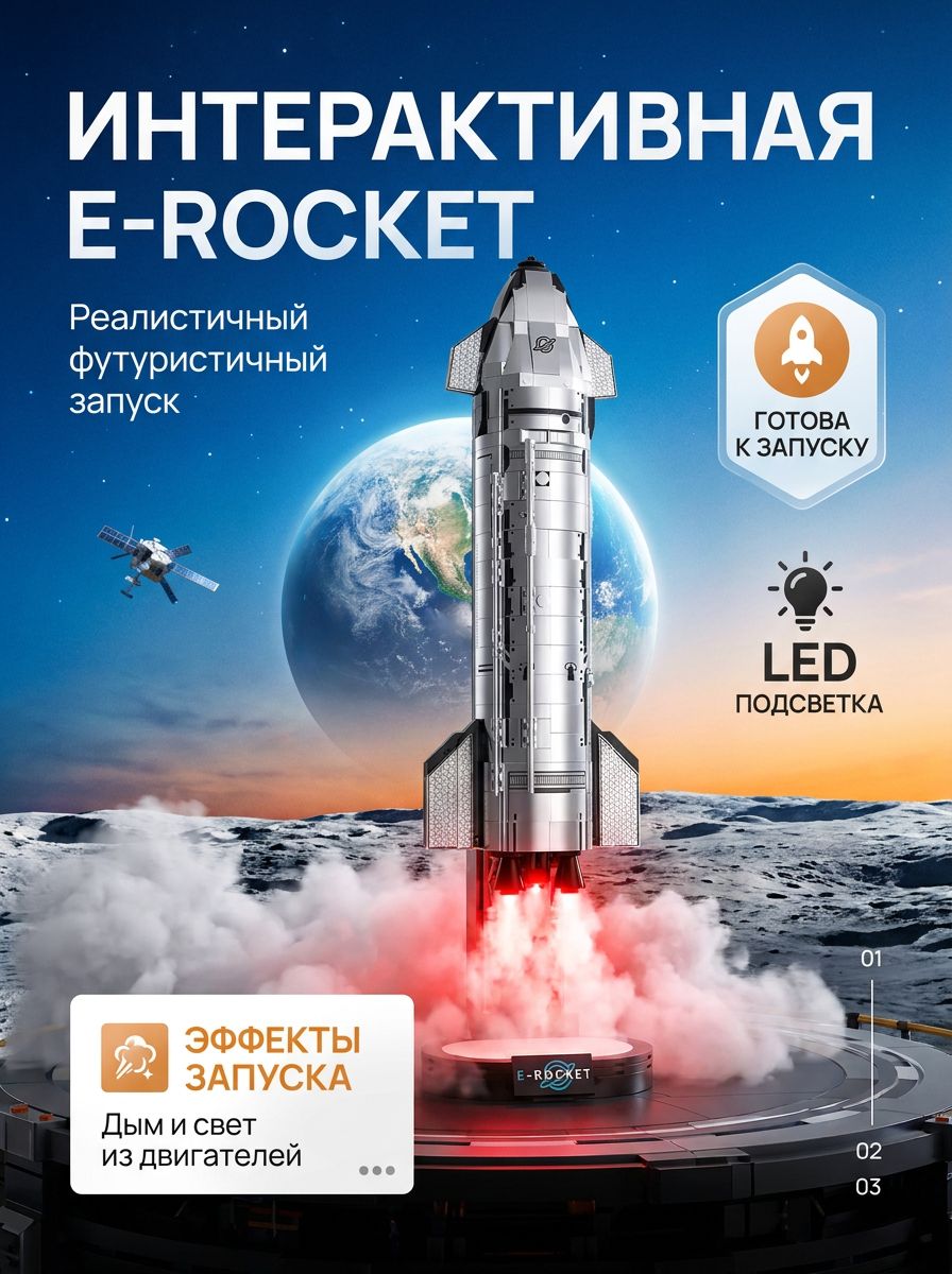 Конструктор Galaxy Explorer: Ракета Starship (подсветка + эффект дыма/пара), 824 дет.