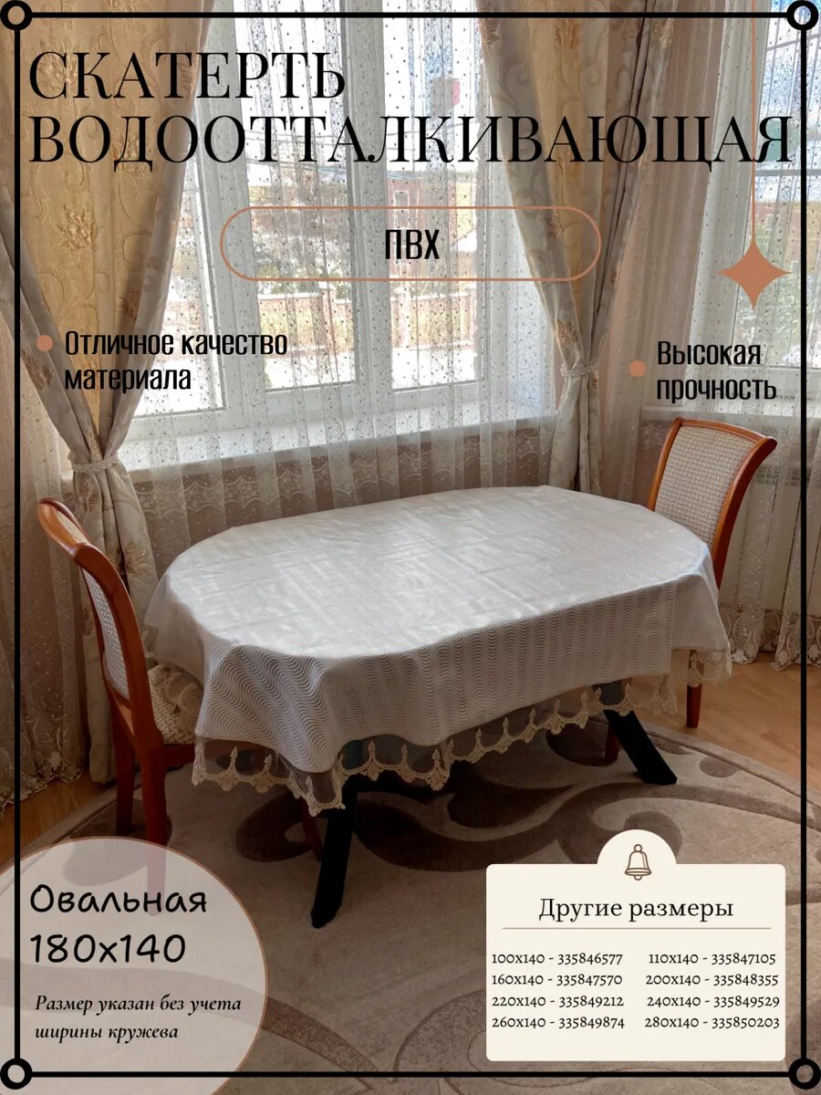 Скатерть ПВХ на стол водоотталкивающая с кружевом 180х140