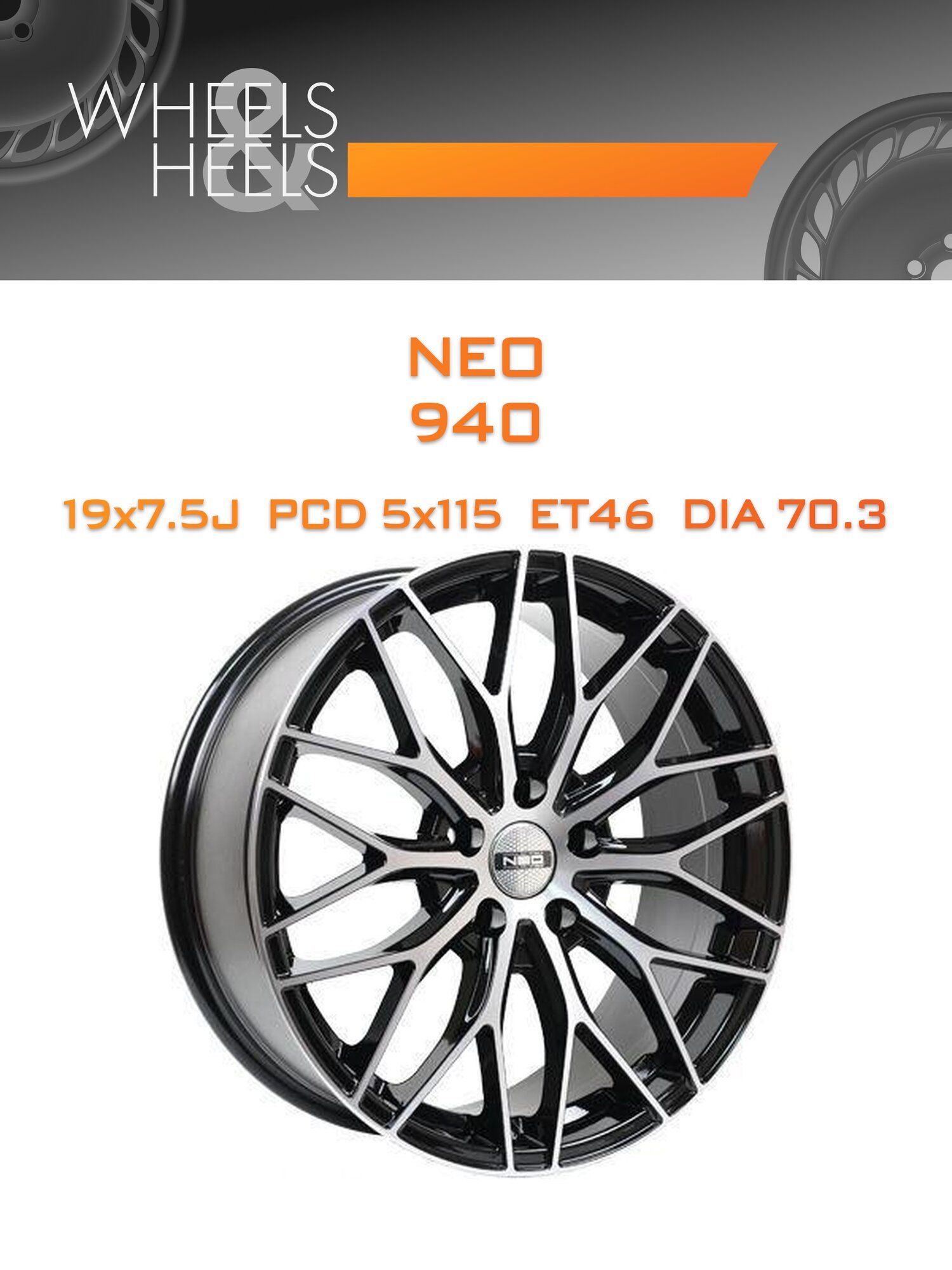 Диск автомобильный литой NEO 940 19x7.5 5x115 et46 dia70.3 Чёрный с полированной лицевой частью