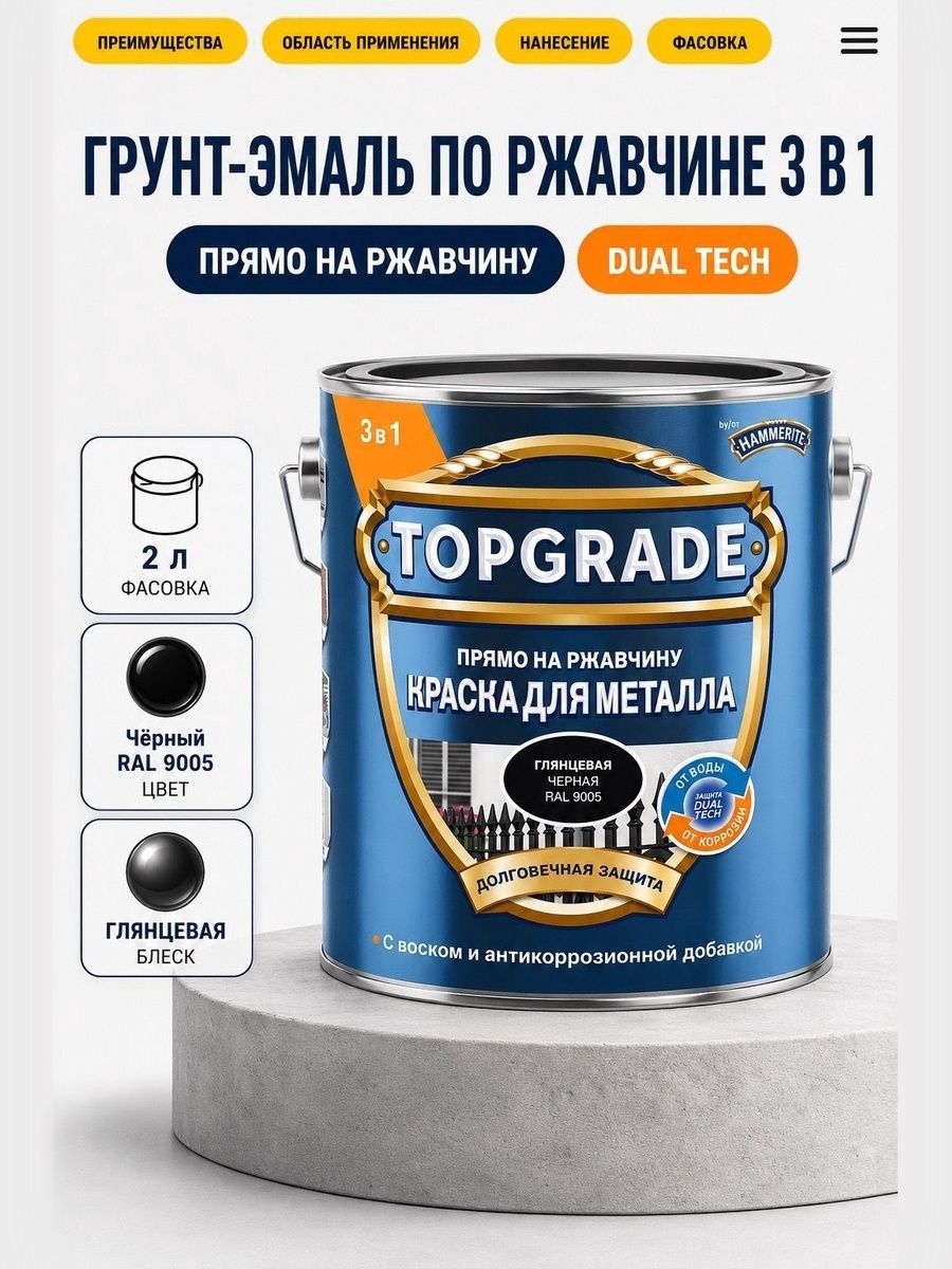 Грунт-эмаль по ржавчине 3 в 1 гладкая HAMMERITE/TOPGRADE, Краска по ржавчине для металла, алкидная, глянцевая, черный RAL 9005, 2 л
