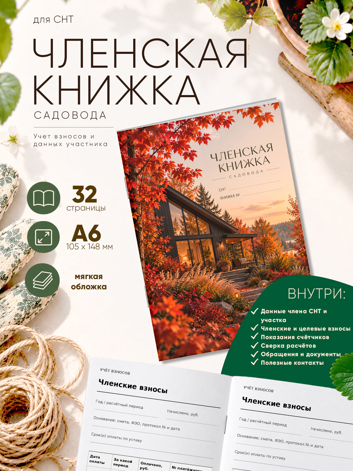 Членская книжка садоводческого некоммерческого товарищества (СНТ) "Осень", формат А6