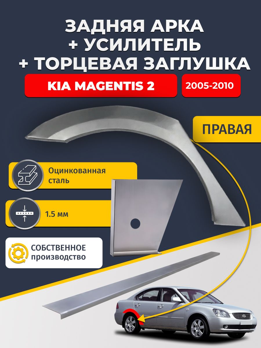 Правая ремонтная задняя арка (0,8 мм) + торцевая заглушка (1,5 мм) + усилитель (1,5 мм) на Kia Magentis 2 2005-2010 (Киа Маджентис 2). Оцинкованная сталь