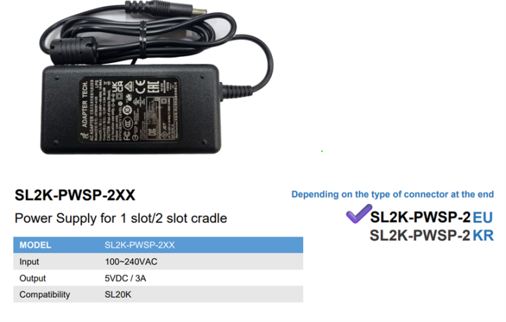 SL2K-PWSP-2EU M3MOBILE CO, LTD. Блок питания/ 100~240VAC, 5VDC, 3A. 1.2M cable. Provides power to the 1-slot/2-slot c