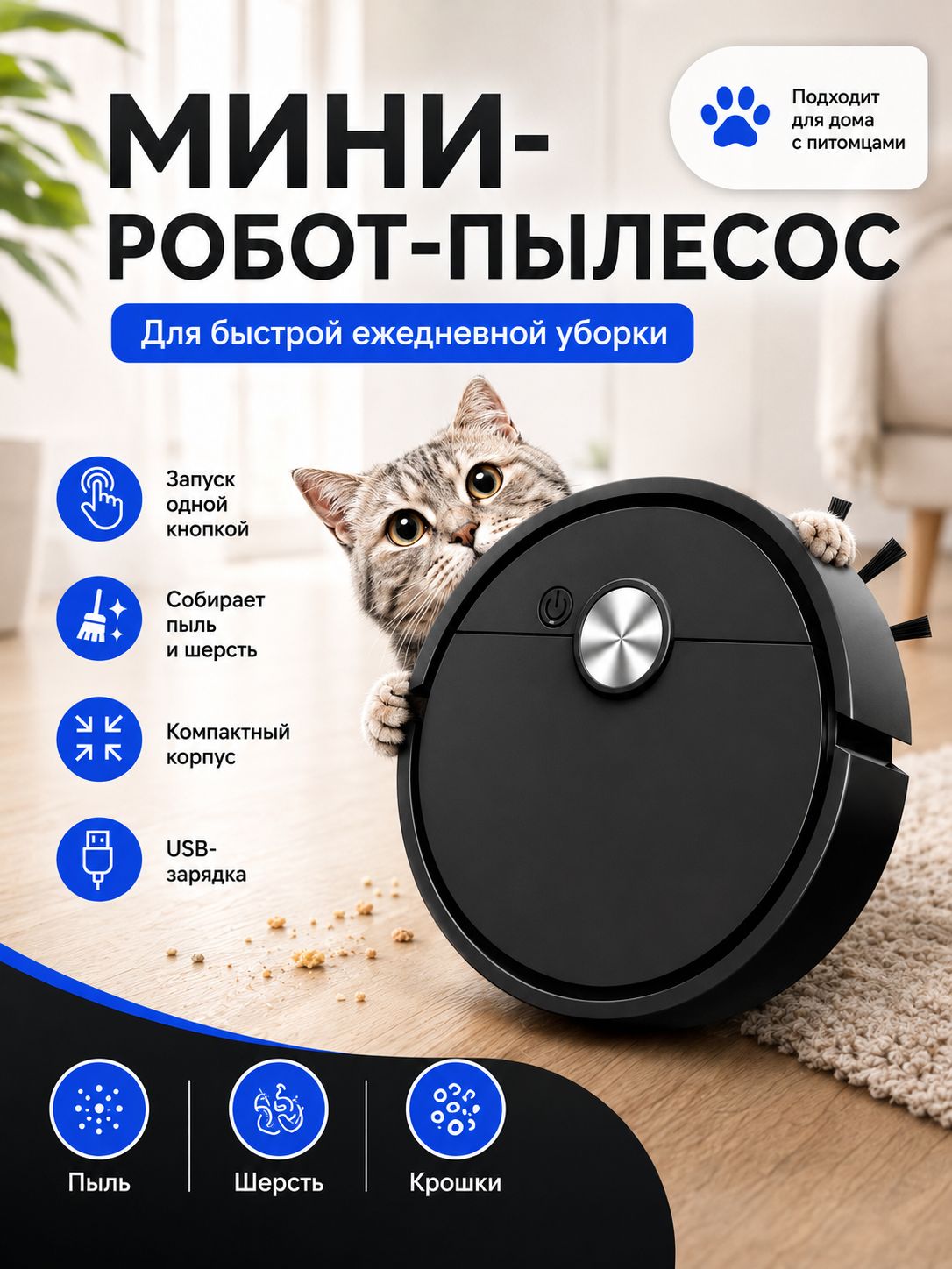 Мини робот-пылесос 3 в 1 для дома, компактный робот для сухой и влажной уборки, USB, чёрный
