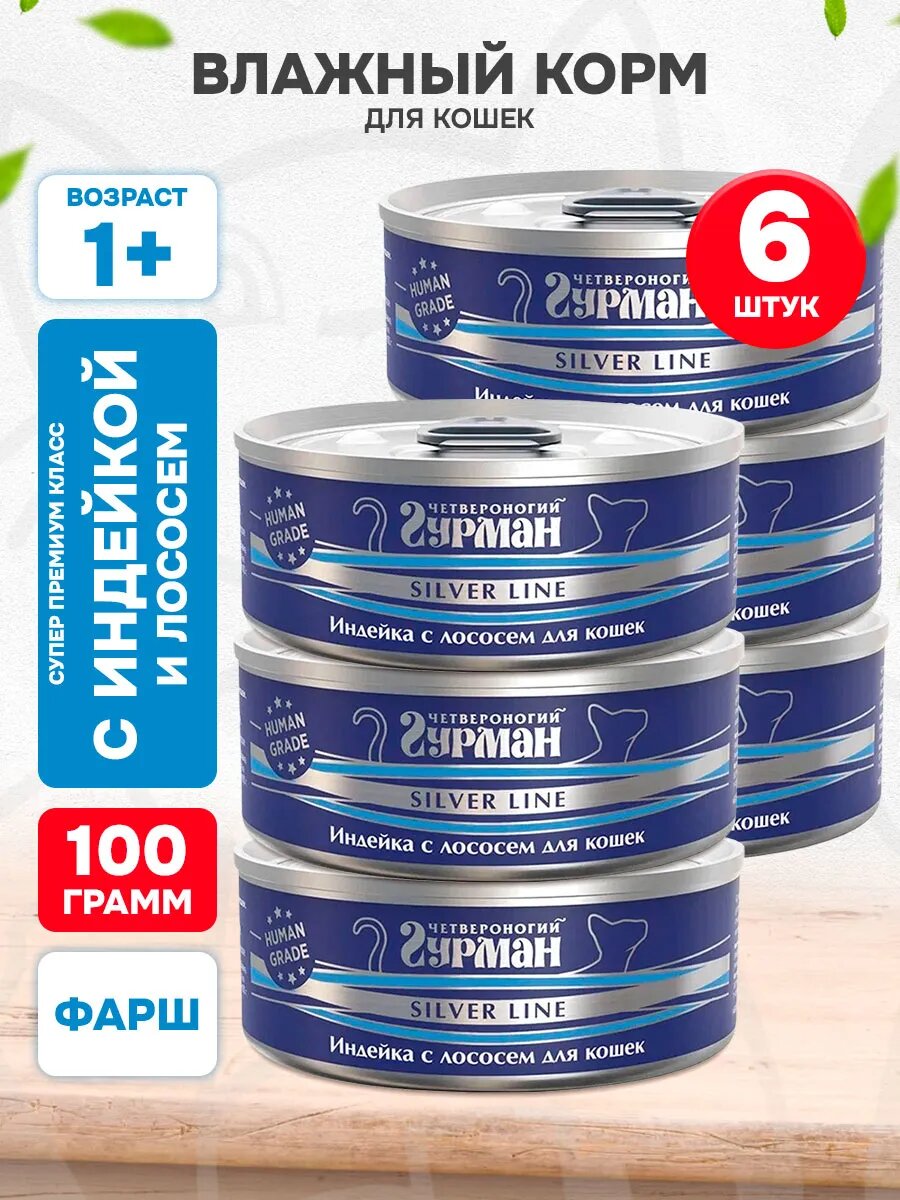 Корм влажный Четвероногий Гурман Silver Line для кошек, индейка и лосось, 100 г 6 шт