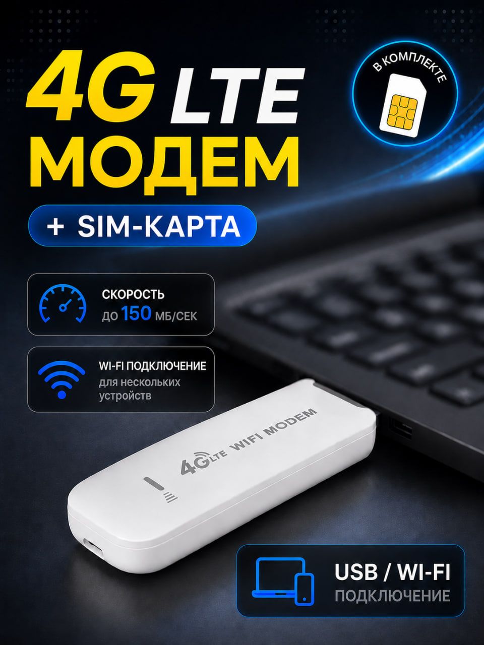 Модем 4G WiFi с сим в комплекте, USB модем для сим карты в USB с раздачей, модем для ноутбука