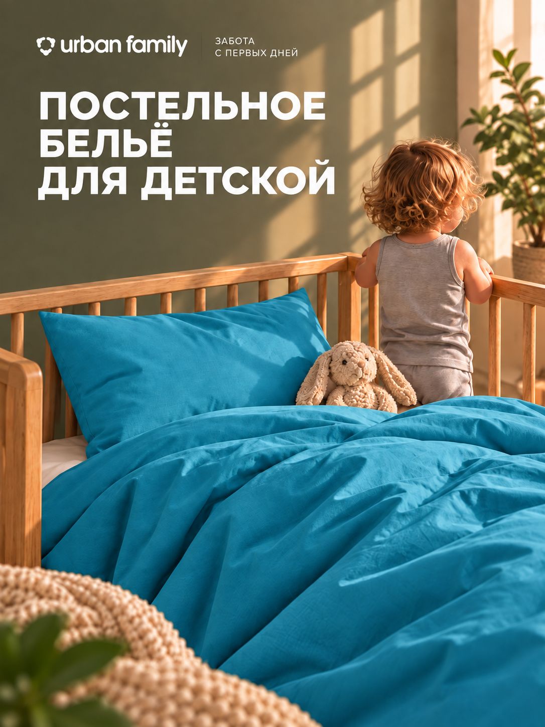 Постельное белье детское в кроватку, хлопок, наволочка 40х60 1 шт с клапаном, простыня 60х120х15 на резинке, пододеяльник 110х140 1 шт с прорезью, однотонное, Темно-бирюзовый