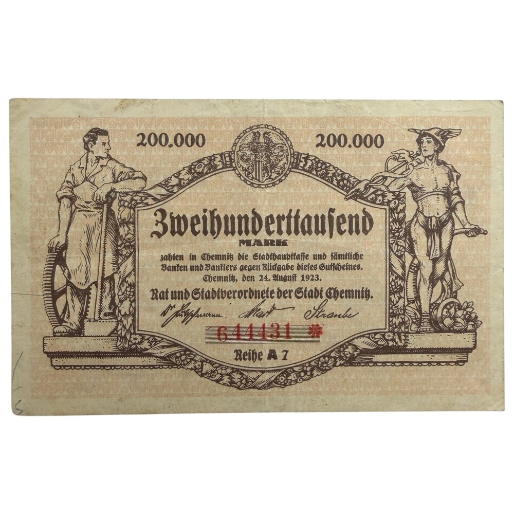Германия (Веймарская республика) Хемниц 200000 марок 1923 г. (Рабочий и Меркурий) (Серия A)