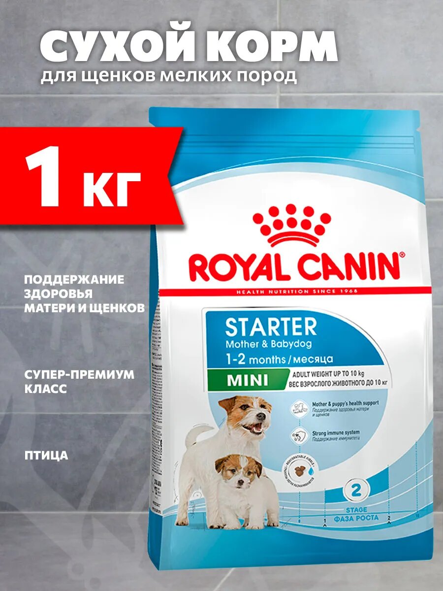 Корм сухой Royal Canin Mini Starter для щенков маленьких пород до 2 месяцев, беременных и кормящих сук, 1 кг