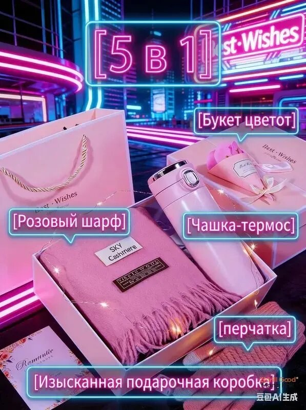 Подарочный набор для девушки на 8 марта с шарфом, термосом, и другими подарками.