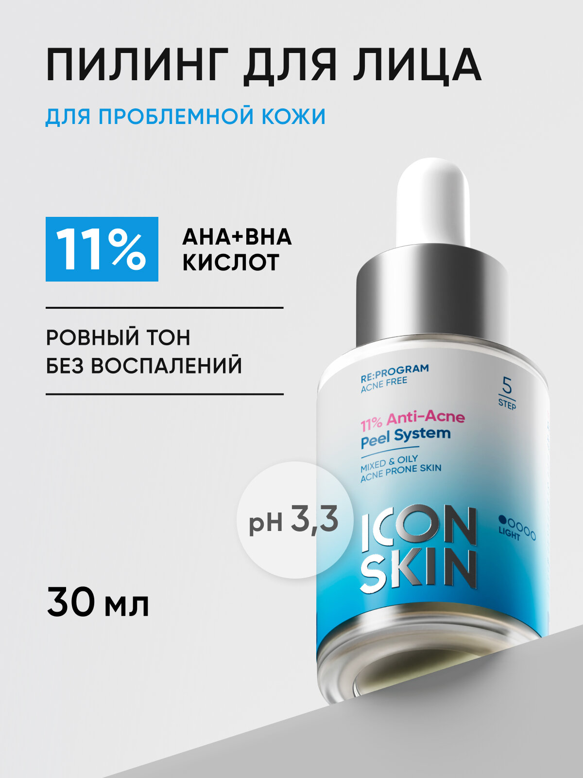 Пилинг для лица 11% Anti-Acne Smart Peel System для проблемной кожи склонной к акне ICON SKIN, 30 мл