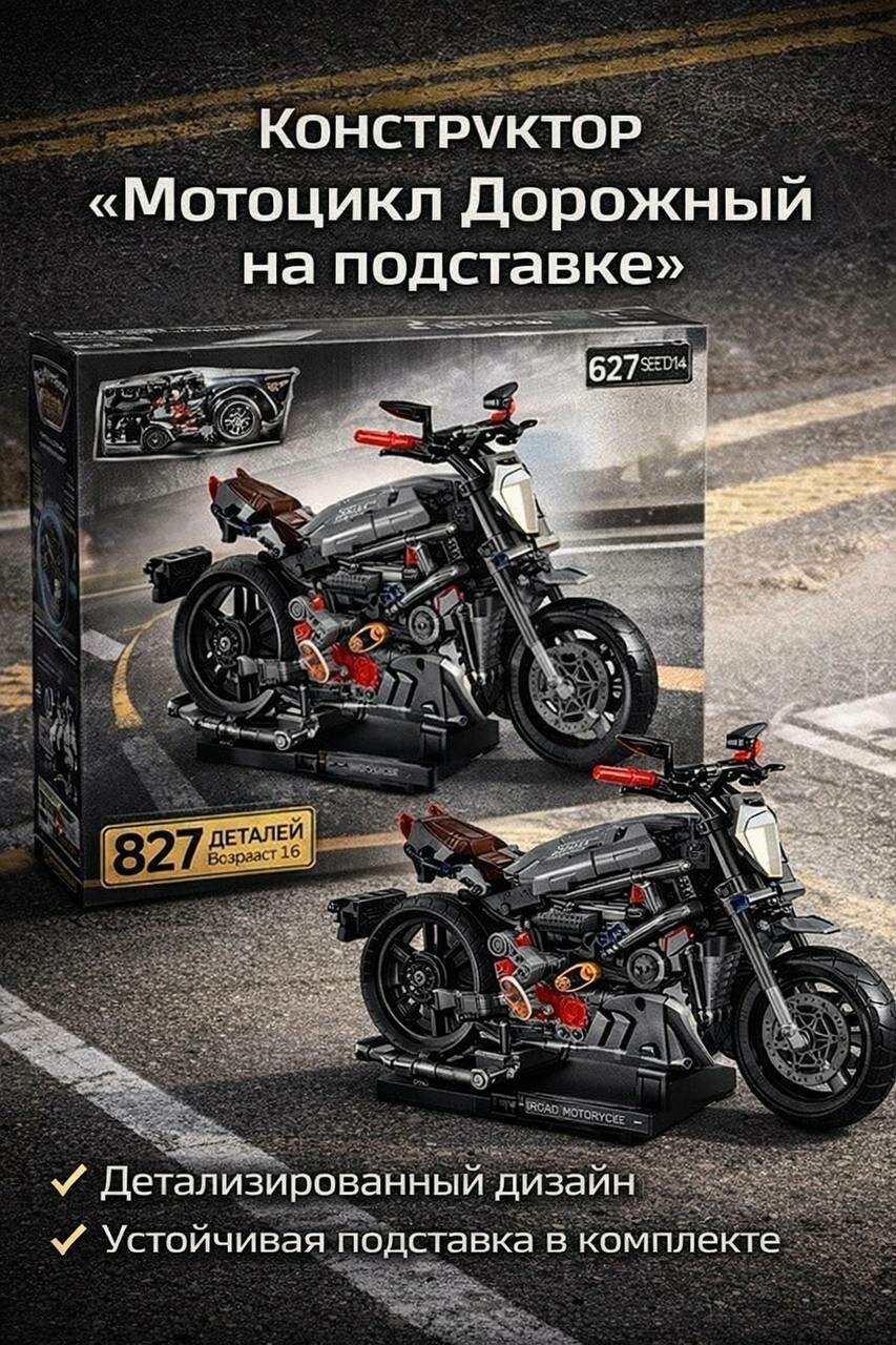 Конструктор "Дорожный Мотоцикл на подставке" 827 деталей, возраст 6+