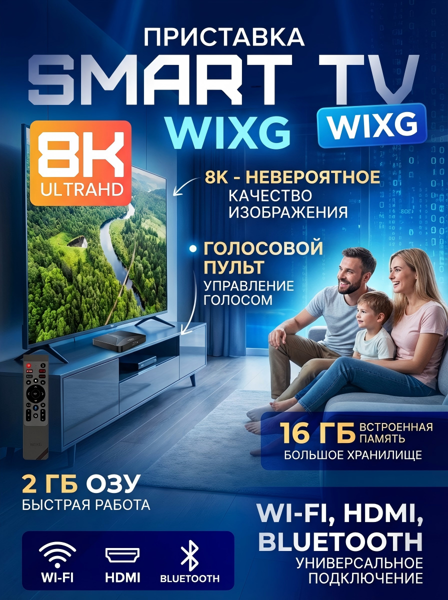 Смарт ТВ приставка, медиаплеер ,2ГБ/16ГБ, Android 14. Wi-Fi, Каналы и фильмы бесплатно