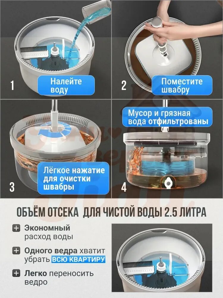 Швабра BND SO2 умная с отжимом и ведром для пола, 5 насадок, бежевая — фото 1