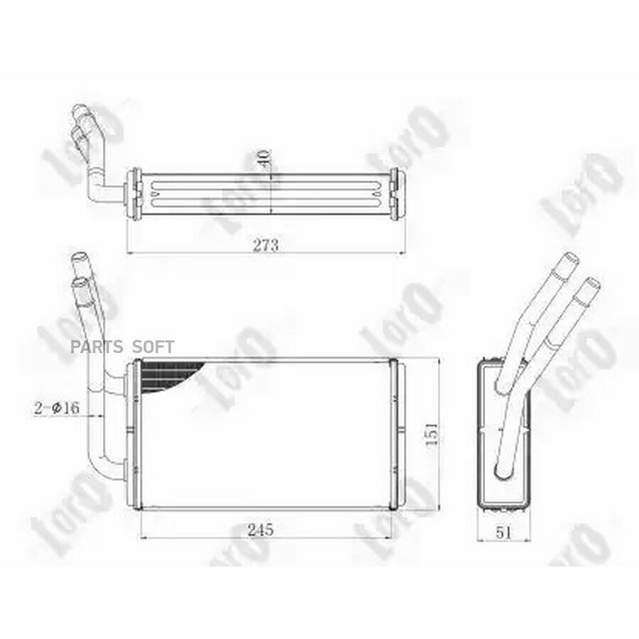 Радиатор отопителя FORD TRANSIT (FY) (00-) 2.0 D (MAN, AC -, DIESEL) от официального дистрибьютора, LORO, артикул 0170150024B