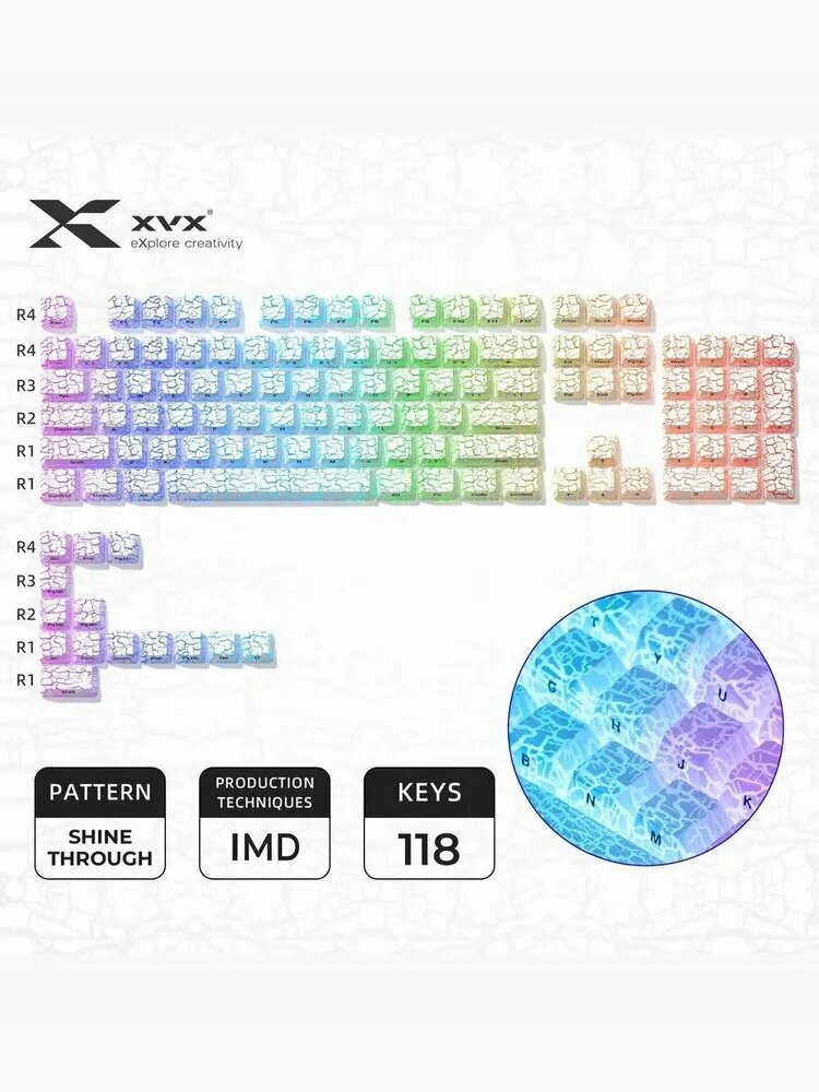Кейкапы для механической клавиатуры XVX Ice Crack 2.0, 118 Keys, OEM Profile, Shine-Through, White