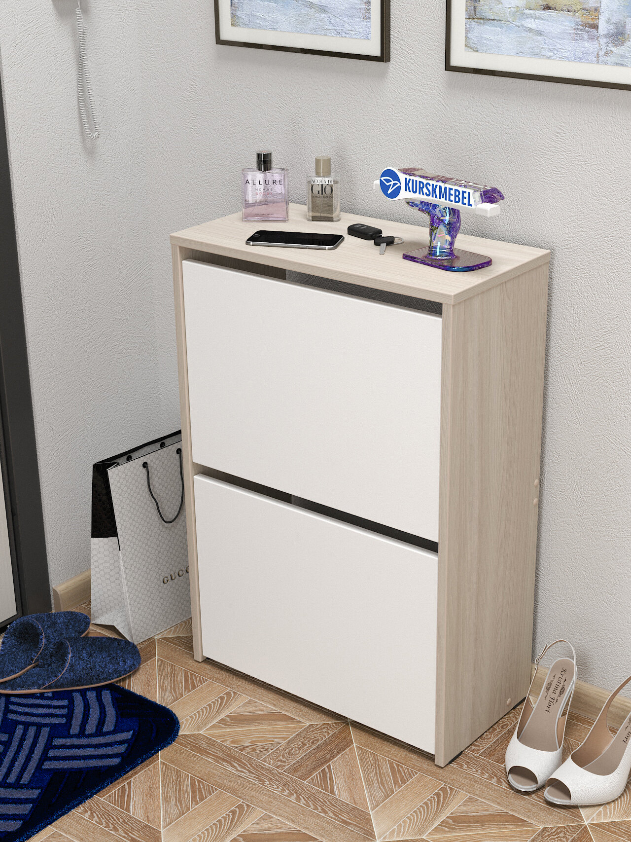 Тумба для обуви №14, обувница в цвете ясень шимо светлый/белый