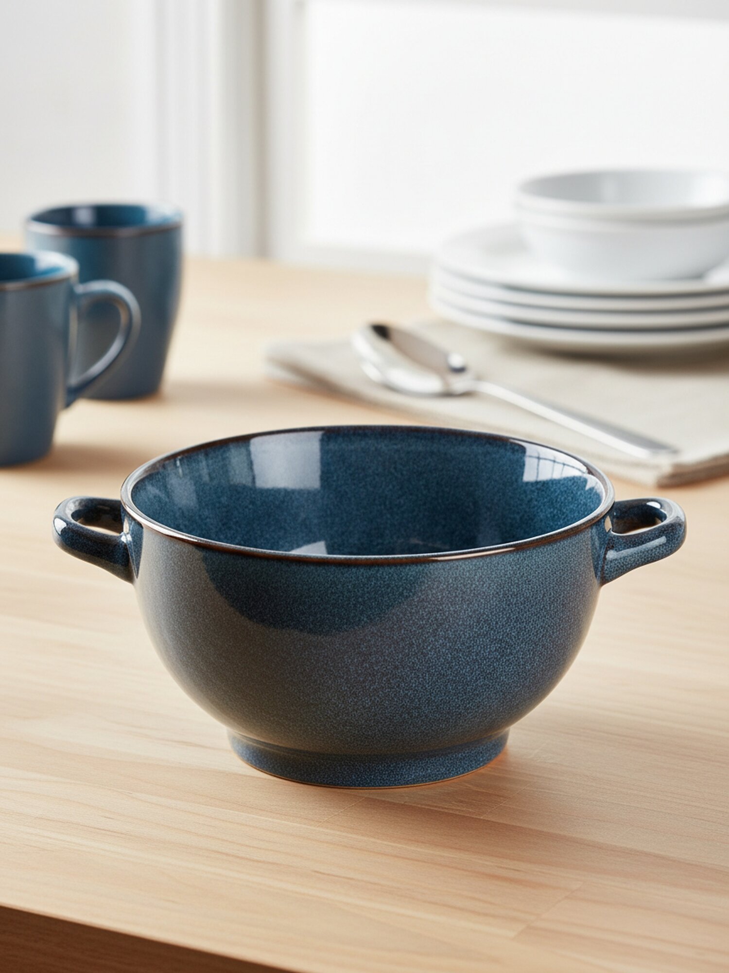 Бульонница керамическая ТМ Глория Кухня, 650 мл, синяя, с ручками, 13х8 см, глубокая тарелка для супа и бульона