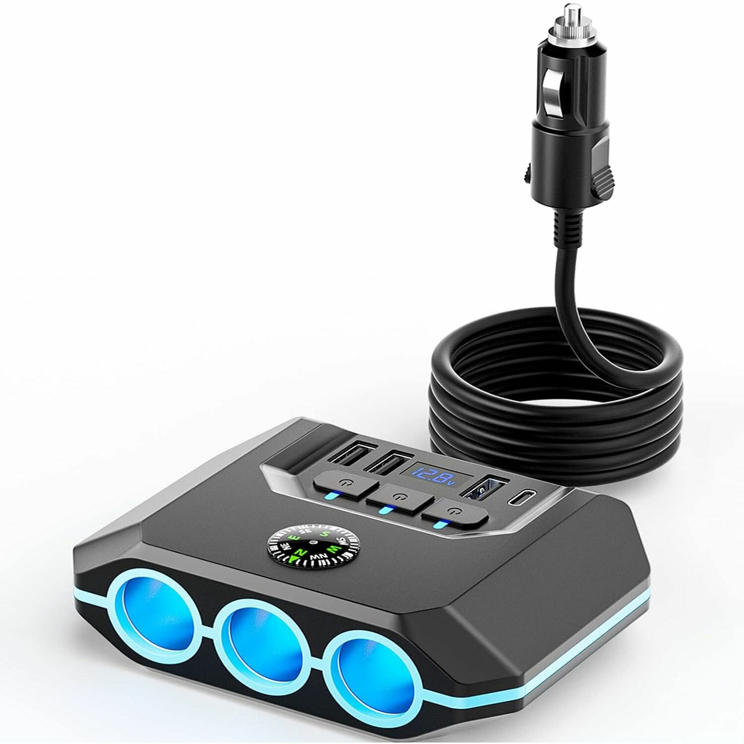 Автомобильный разветвитель прикуривателя 1 к 3 с вольтметром, 4 USB порта, 120W, отдельные выключатели для авто и грузовиков 12-24V