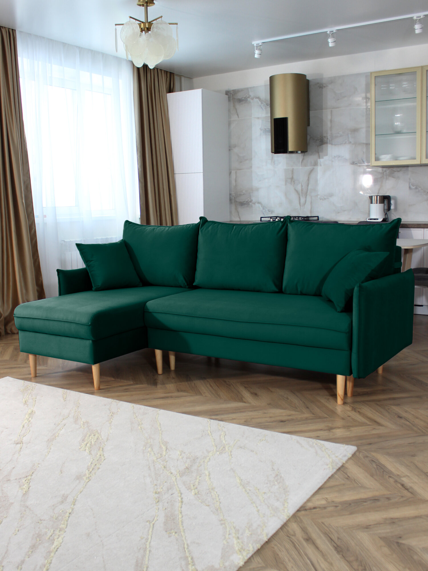 Диван-кровать угловой Фьорд с оттоманкой зеленый, левый угол, механизм Тик-так, 216х145х95 см