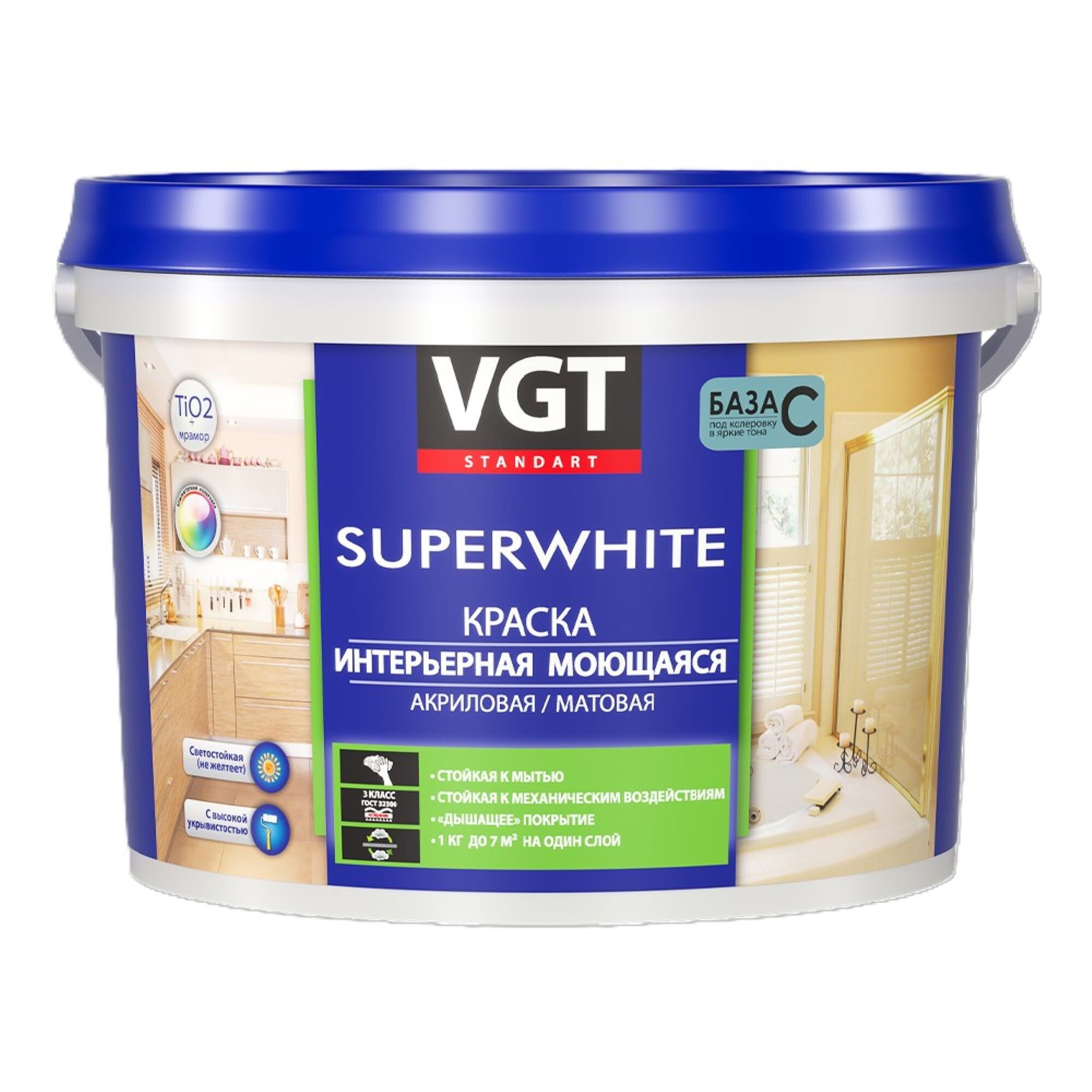 Краска интерьерная моющаяся VGT ВД-АК-1180, матовая, база C, бесцветная, 6 кг